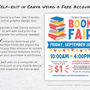 Editable Book Fair Flyer, School Reading Fundraiser Event, Canva ...