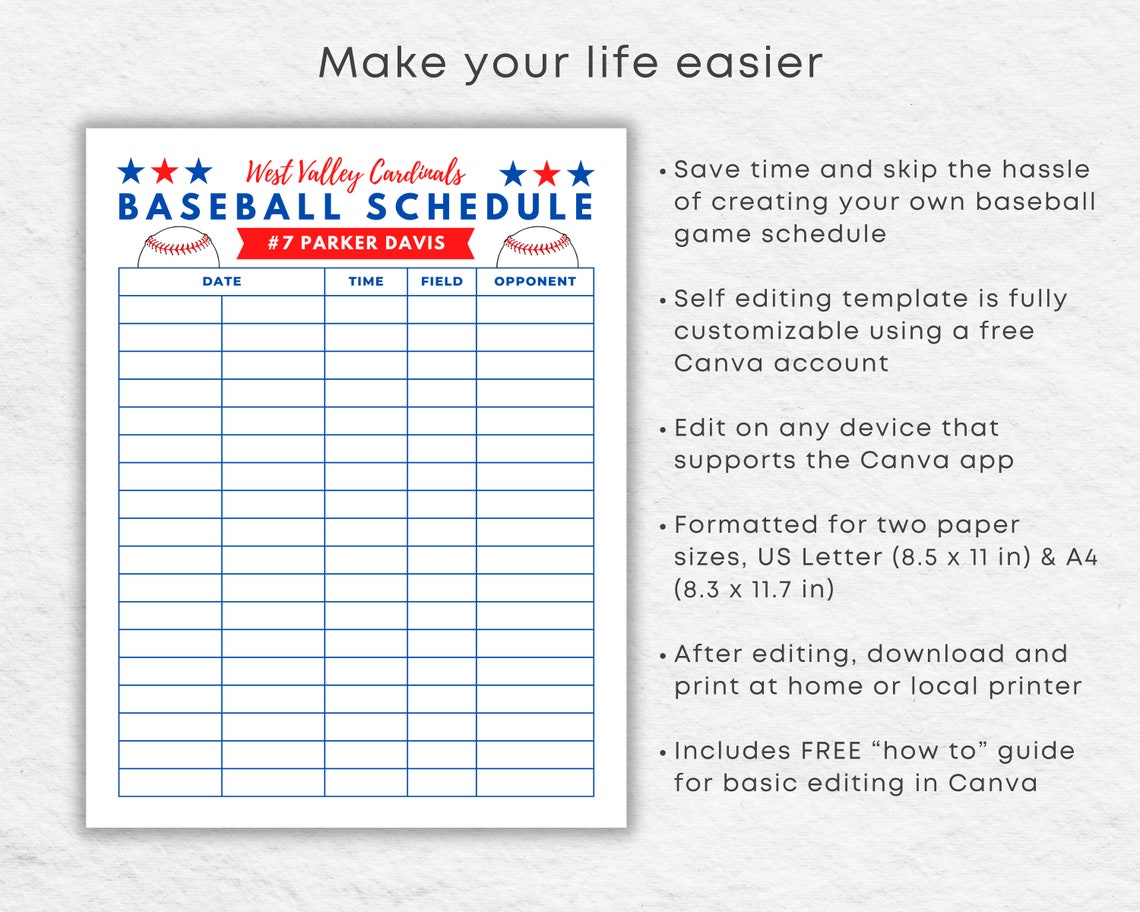 Editable Baseball Game Schedule Template: Canva Printable (digital ...