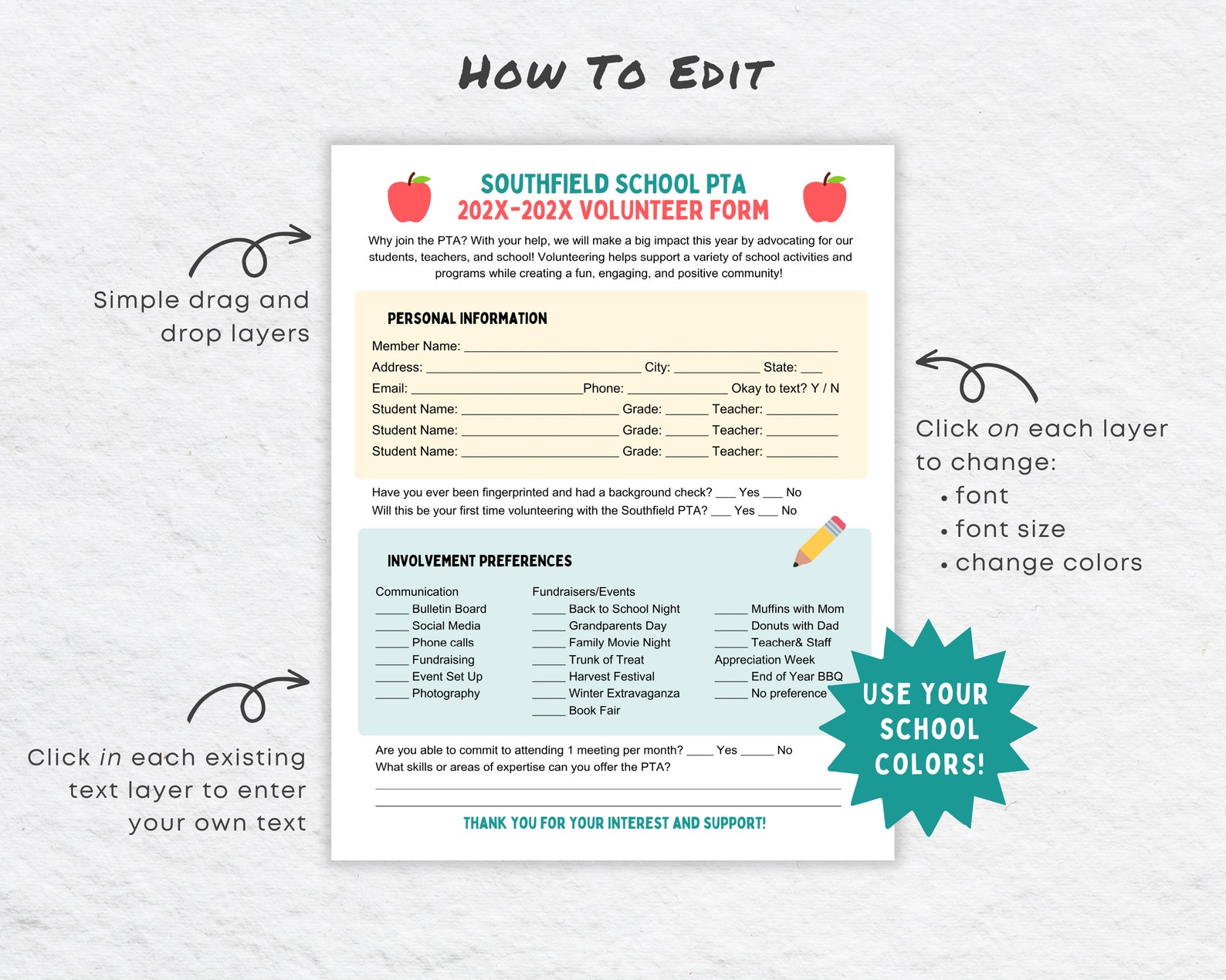 PTA Membership Form Volunteer Survey Editable Canva Template - Etsy