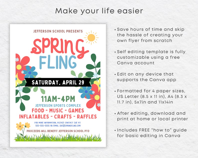 Spring Fling Flyer Template: Editable School Fundraiser Invite (canva ...