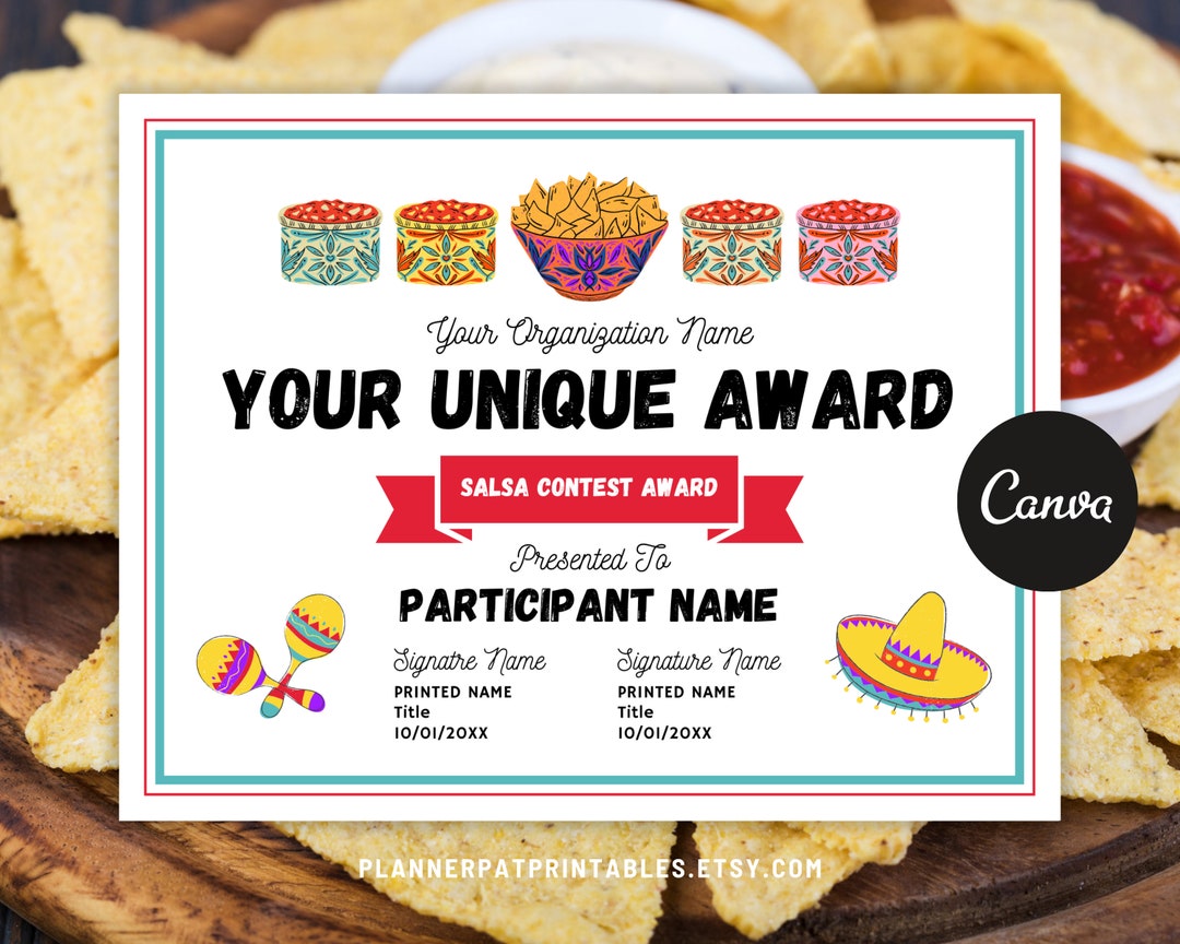 Editable Salsa Award Certificate, Salsa Making Honor, Canva Template - Etsy