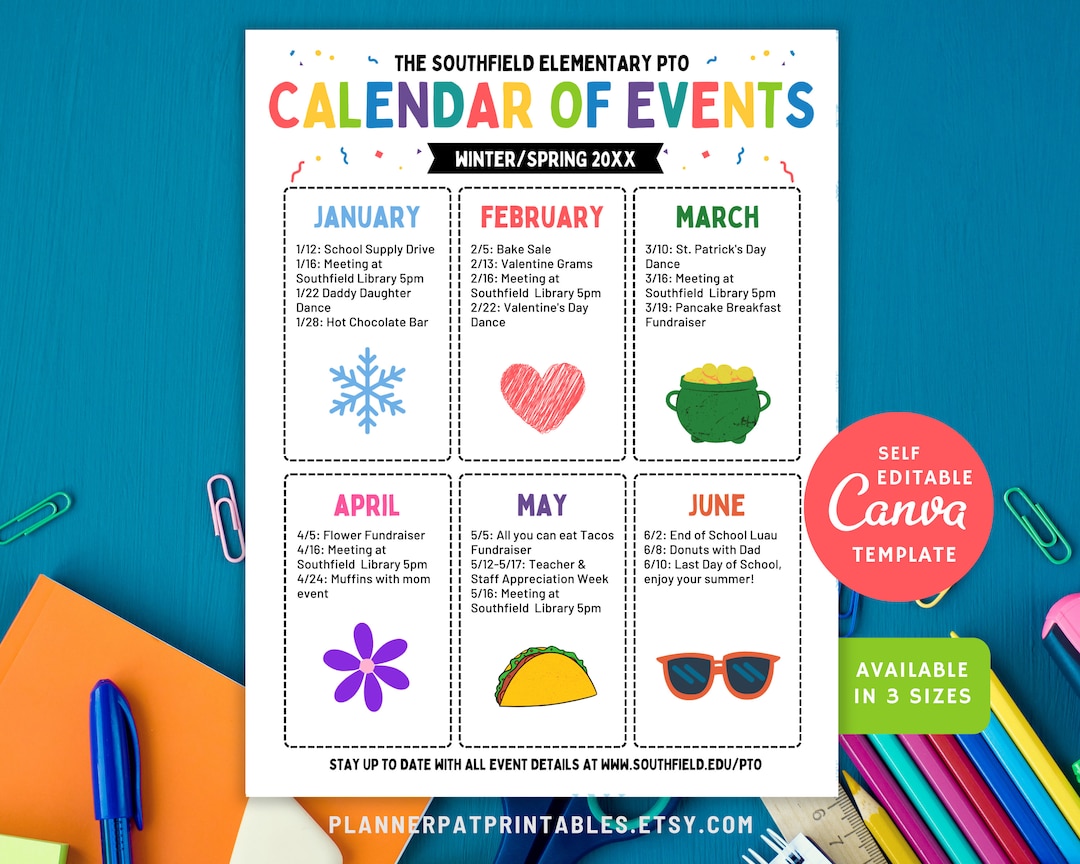 Editable Spring PTA Calendar of Events, Customizable PTO Events ...