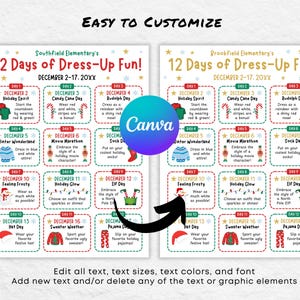 12 Days of Christmas Dress up Days Itinerary Flyer: Editable Canva ...