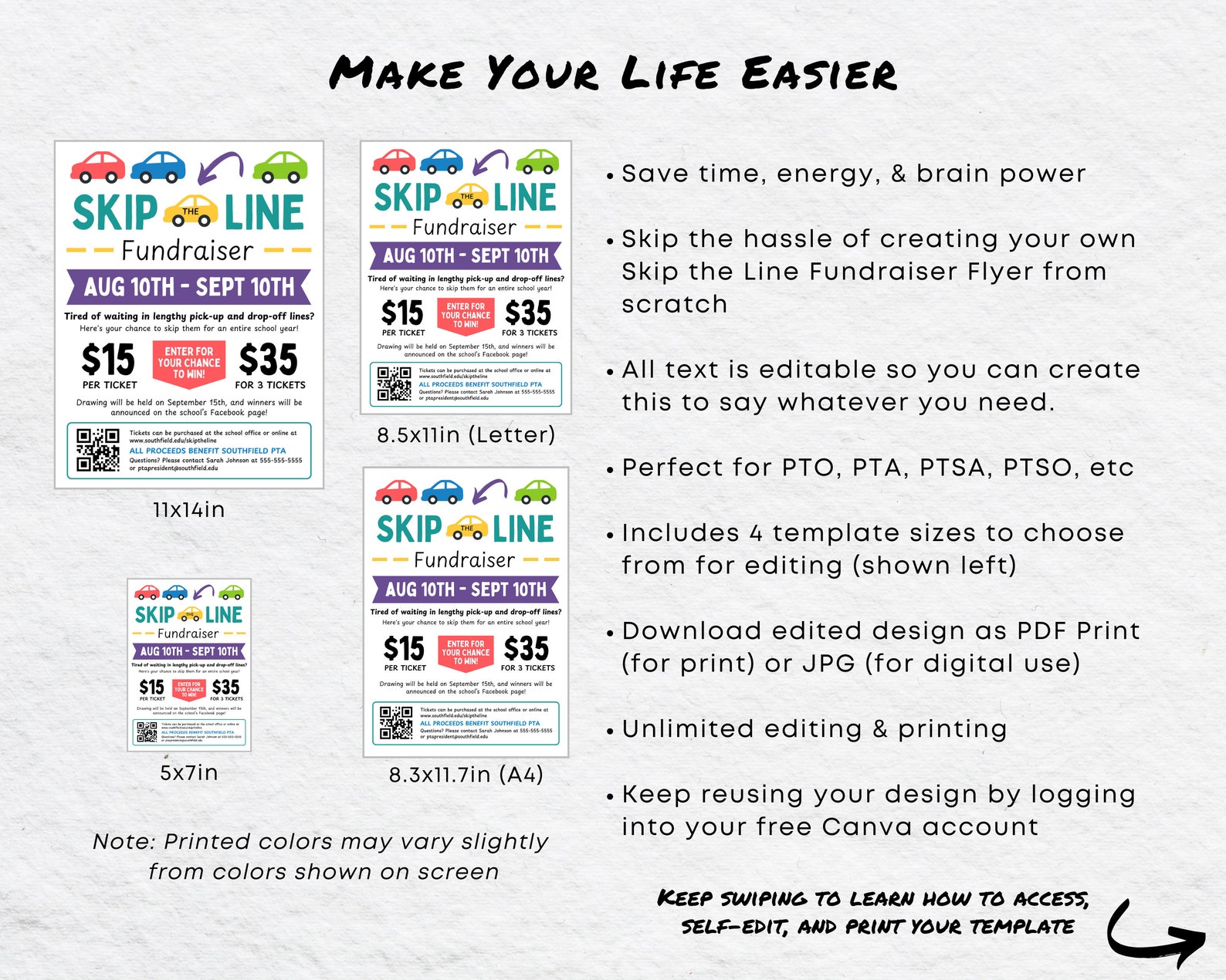 Skip the Line Flyer: Editable School Car Raffle Fundraiser (canva ...