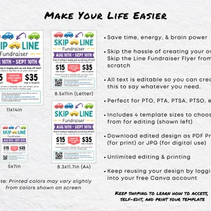Skip the Line Flyer: Editable School Car Raffle Fundraiser (canva ...