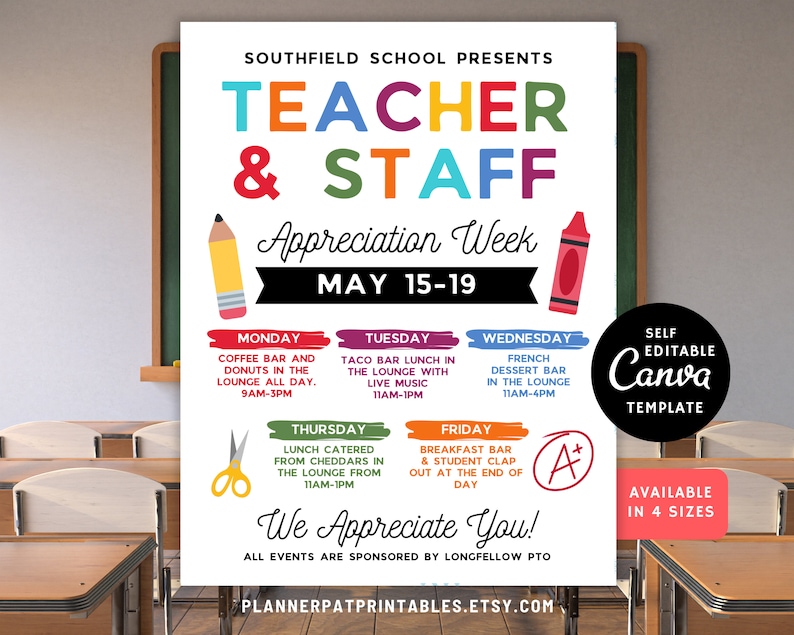 Editable Teacher & Staff Appreciation Week Flyer Itinerary Canva ...