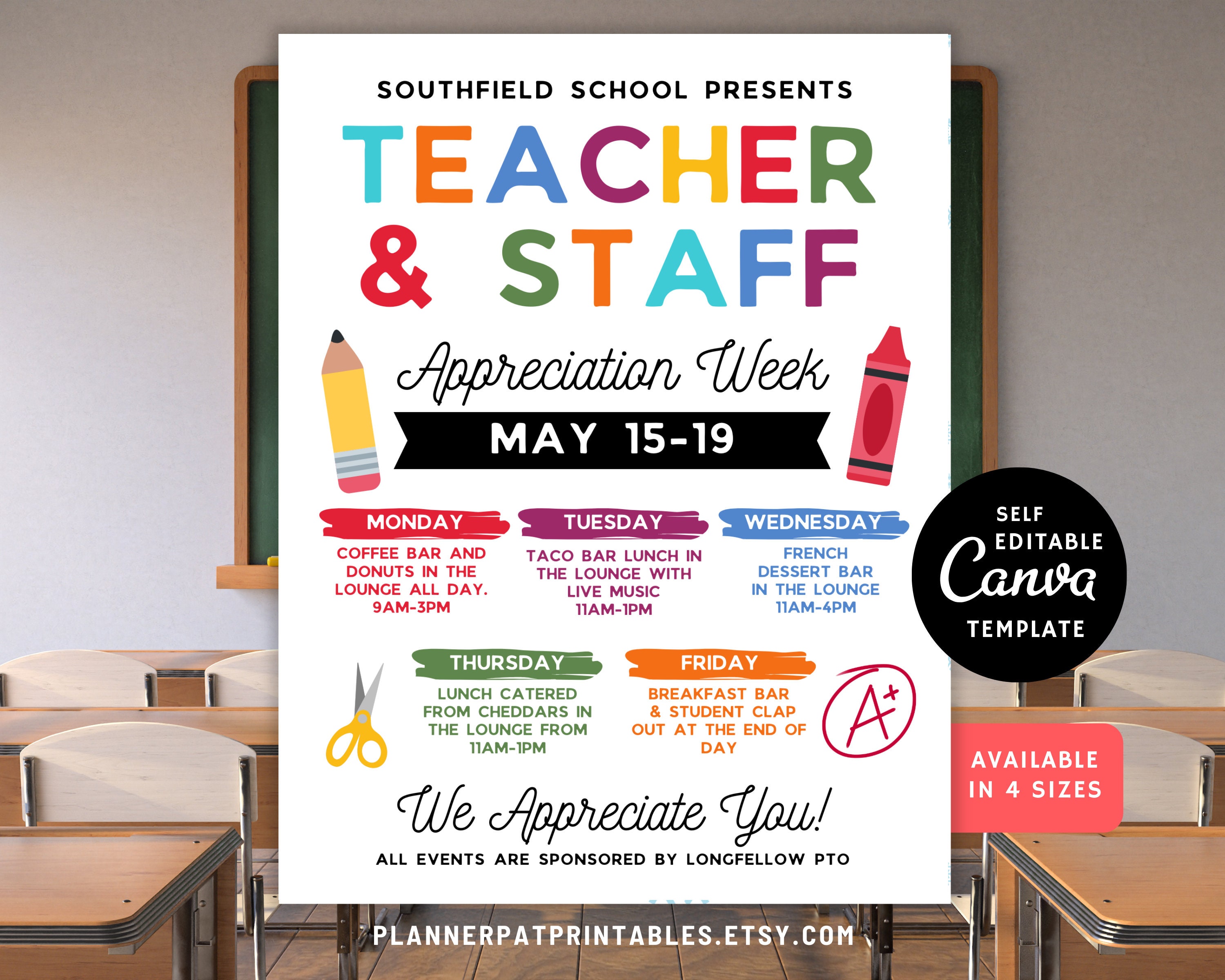Editable Teacher & Staff Appreciation Week Flyer Itinerary Canva ...