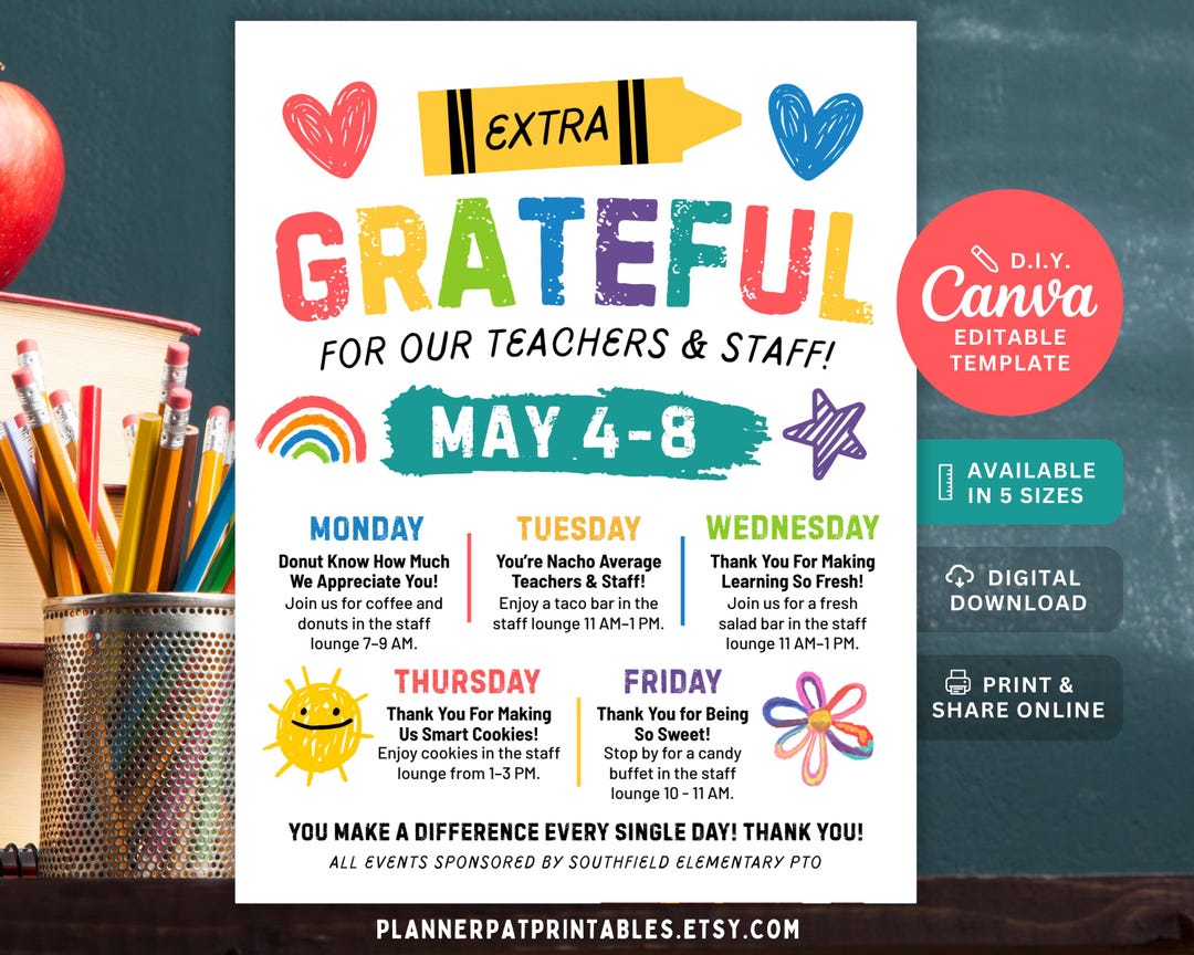 Editable Grateful Teacher Appreciation Week Schedule Poster, Staff ...