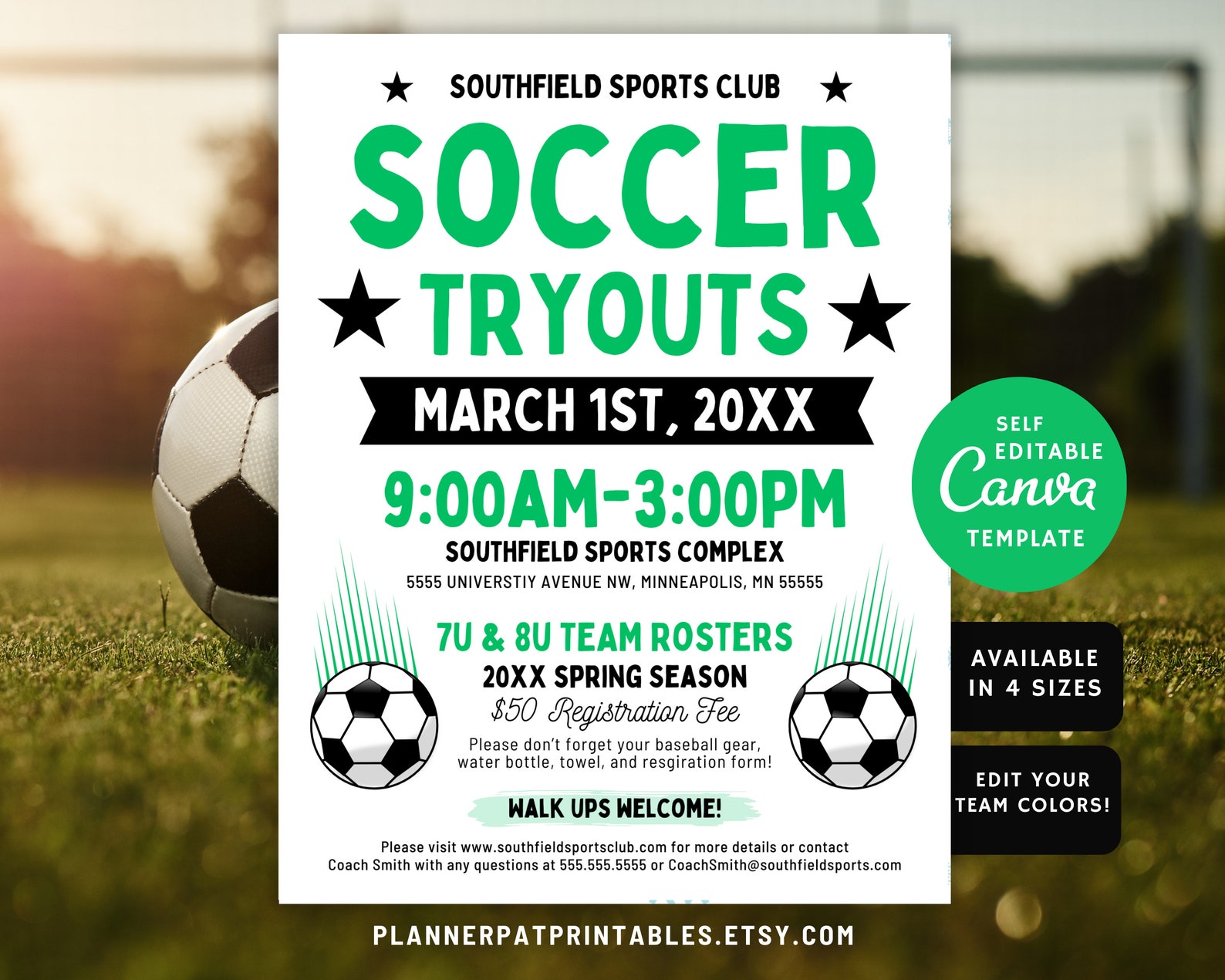 Editable Soccer Tryout Flyer, Sports Registration Event, Canva Template ...