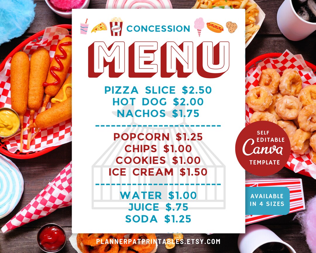 Carnival Concession Stand Menu Template: Editable Canva Sign (digital ...