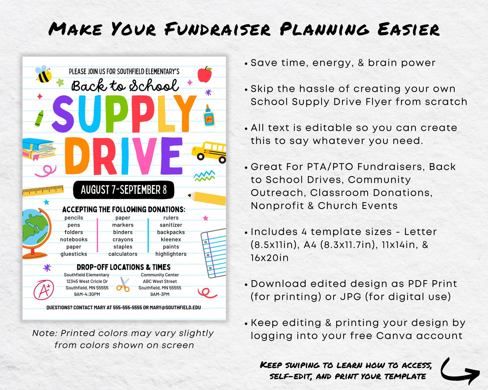 Back to School Supplies Flyer | Supply Fundraiser Template (canva ...