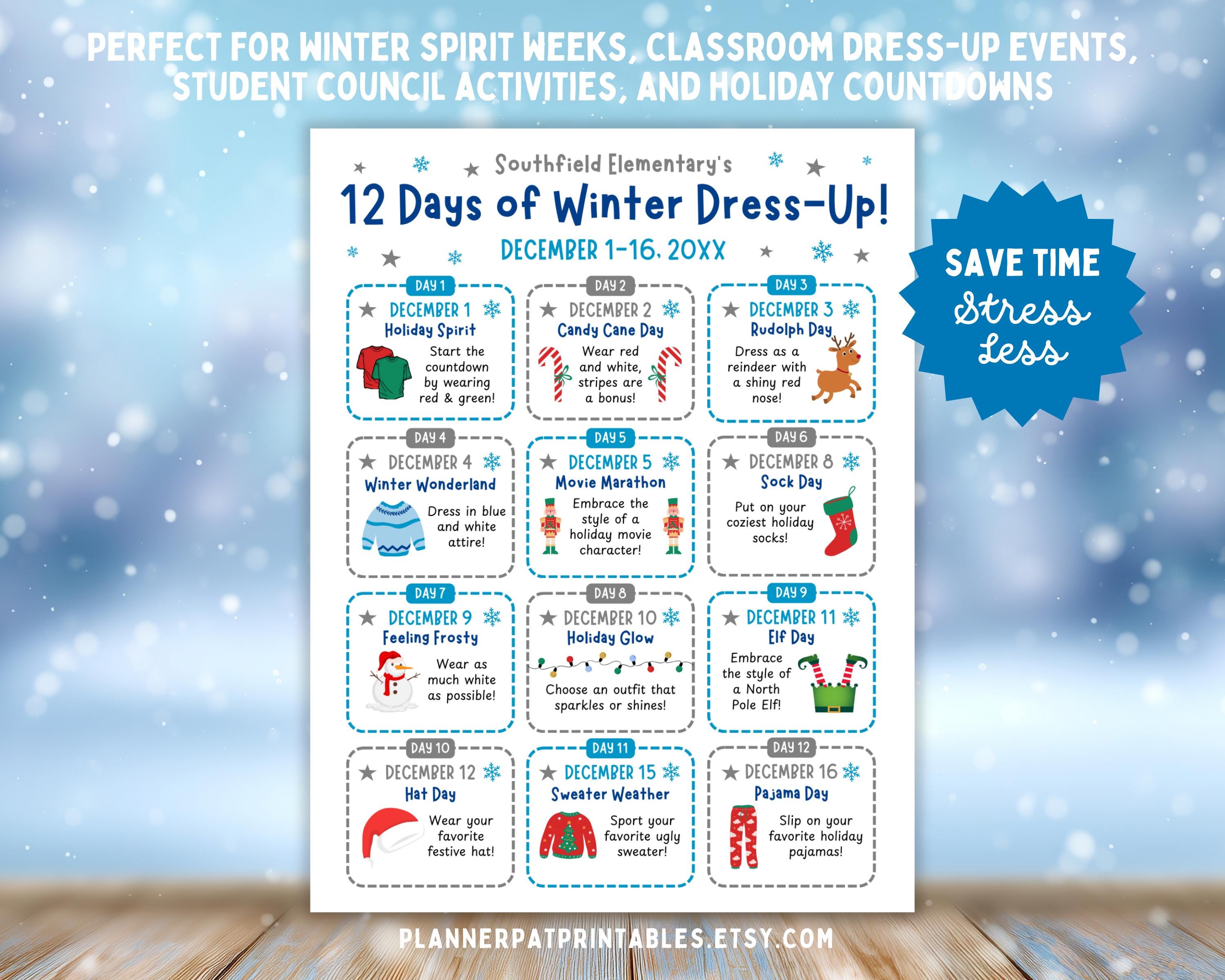 12 Days of Winter Dress up Days Itinerary Flyer: Editable Canva ...