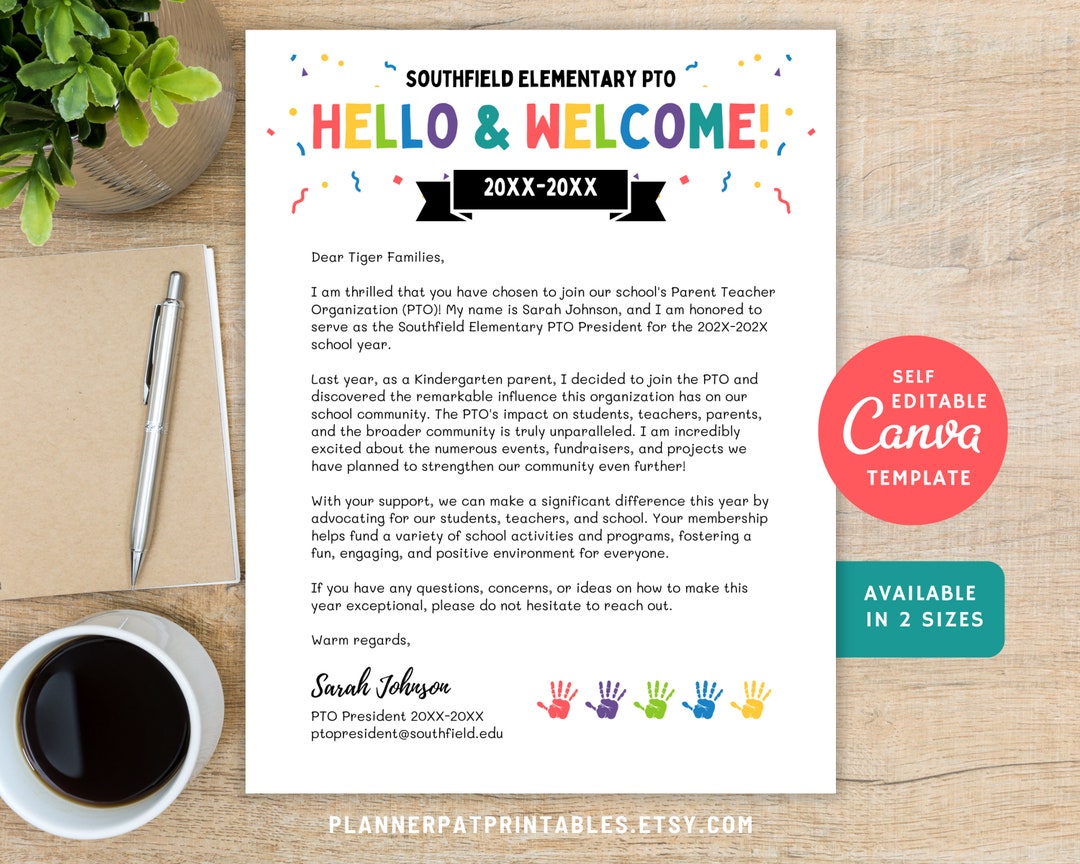 Editable PTO Welcome Letter Printable, PTA Welcome Message, Canva ...