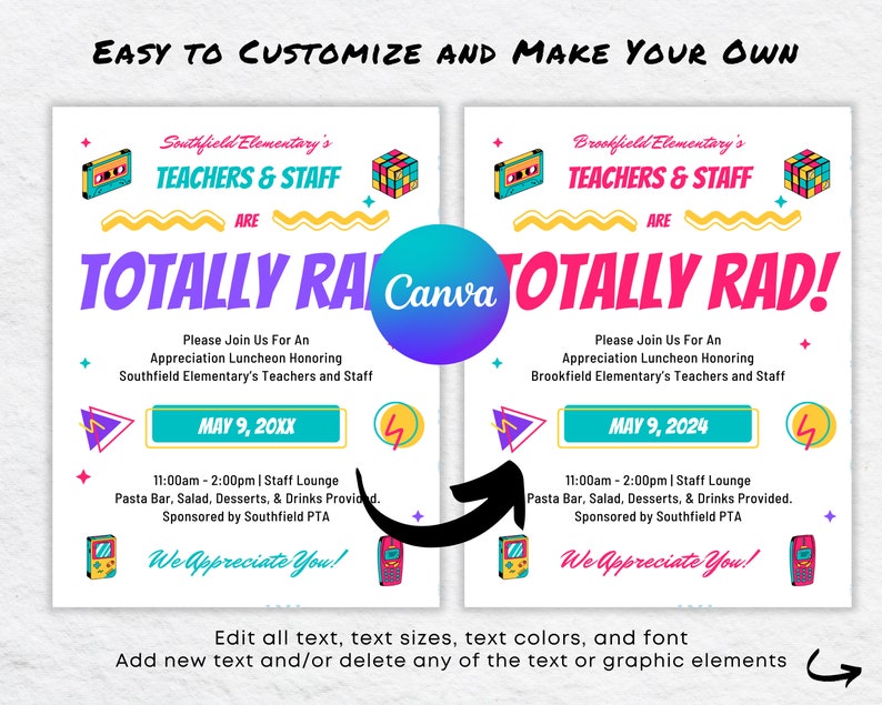 Editable 90s Theme Appreciation Flyer, Teacher Luncheon Invite, Canva ...