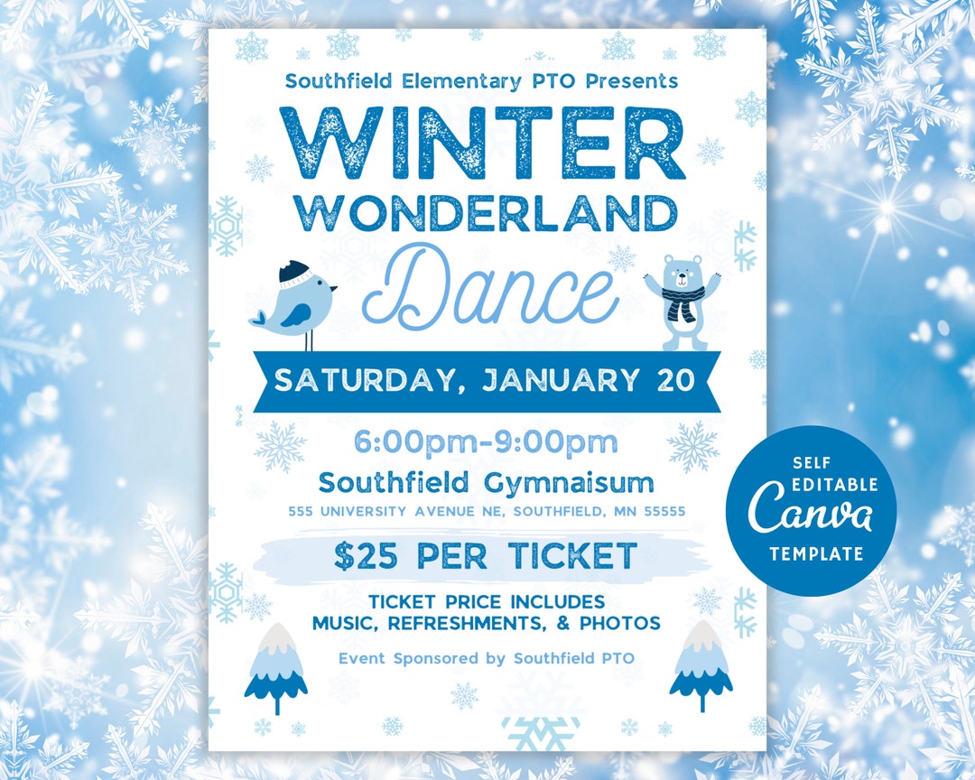 Editable Winter Wonderland School Dance Party Flyer Canva Template - Etsy