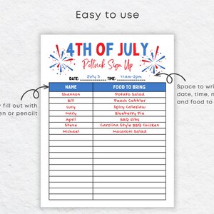 4th of July Potluck Sign up Sheet Independence Day Template Printable ...