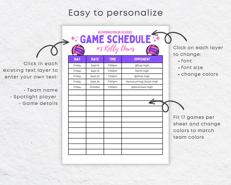 Editable Volleyball Schedule - Sports Practice & Game Calendar (canva ...