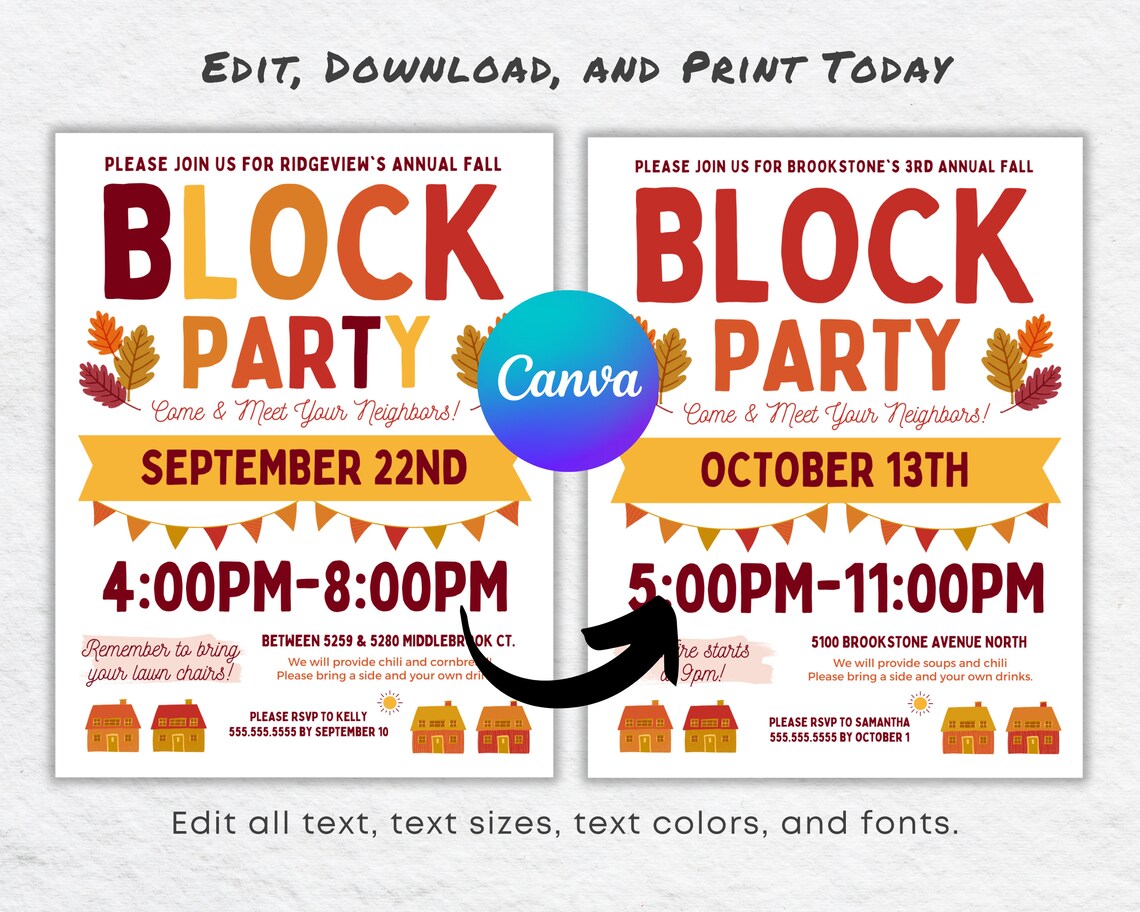 Fall Block Party Flyer Editable Template for Autumn Neighborhood Party ...