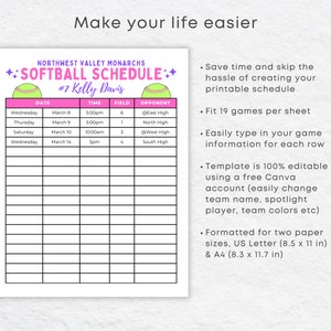 Editable Softball Schedule Template | Girls Softball Game & Practice ...