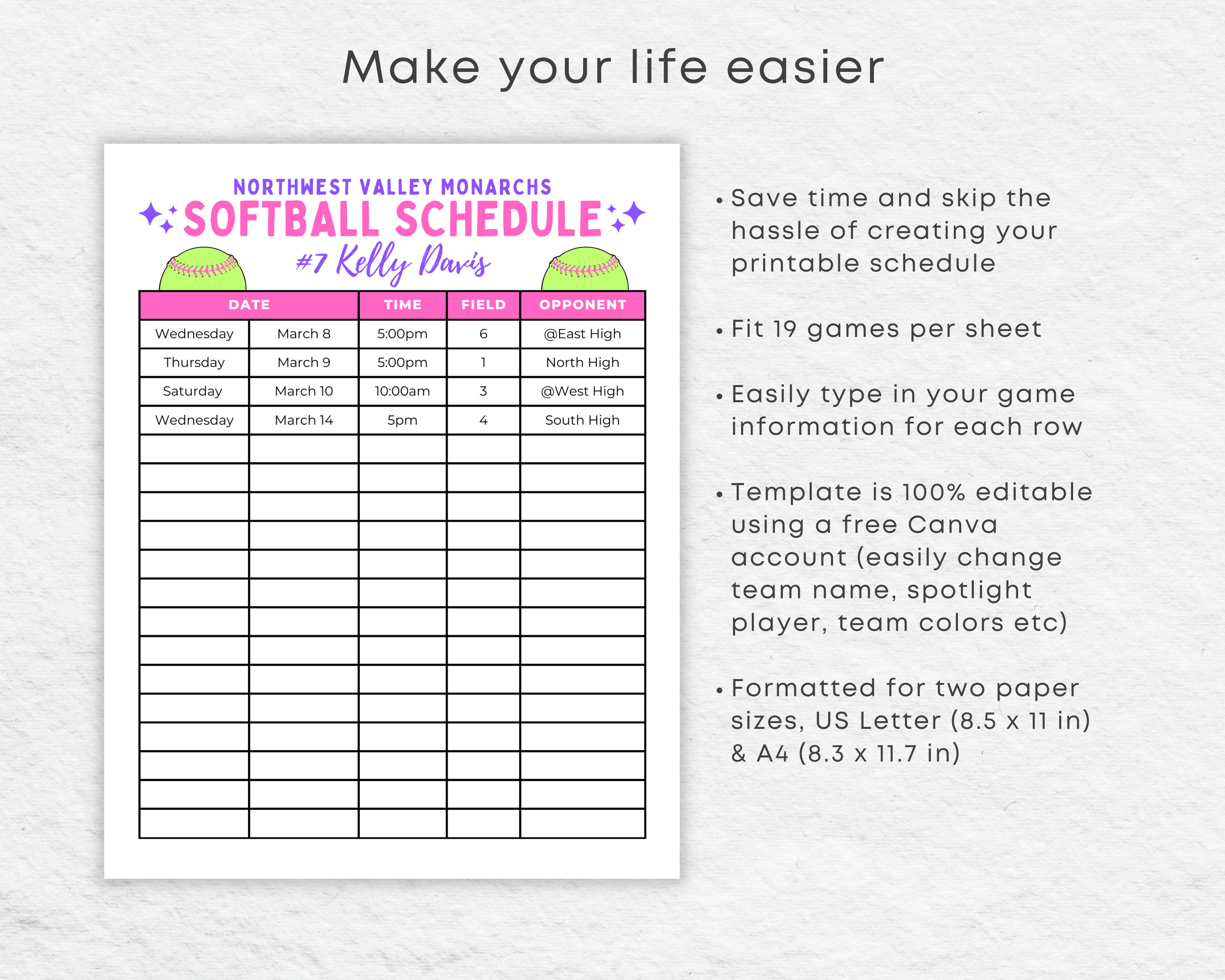 Editable Softball Schedule Template | Girls Sports Practice Planner ...
