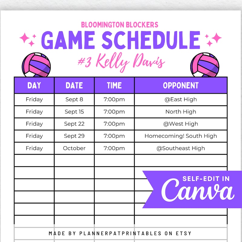 Volleyball Schedule Template - Etsy