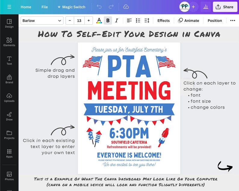 Editable July PTO PTA Meeting Flyer Template, Summer Meeting Reminder ...