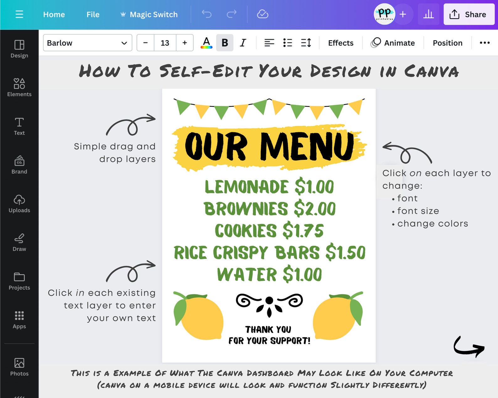 Editable Lemonade Stand Menu Printable, Kids Lemonade Pricing Sign ...