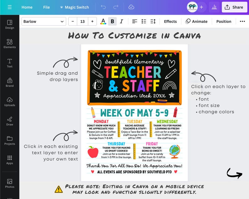 Colorful Teacher Appreciation Week Intinerary Flyer, School Schedule ...
