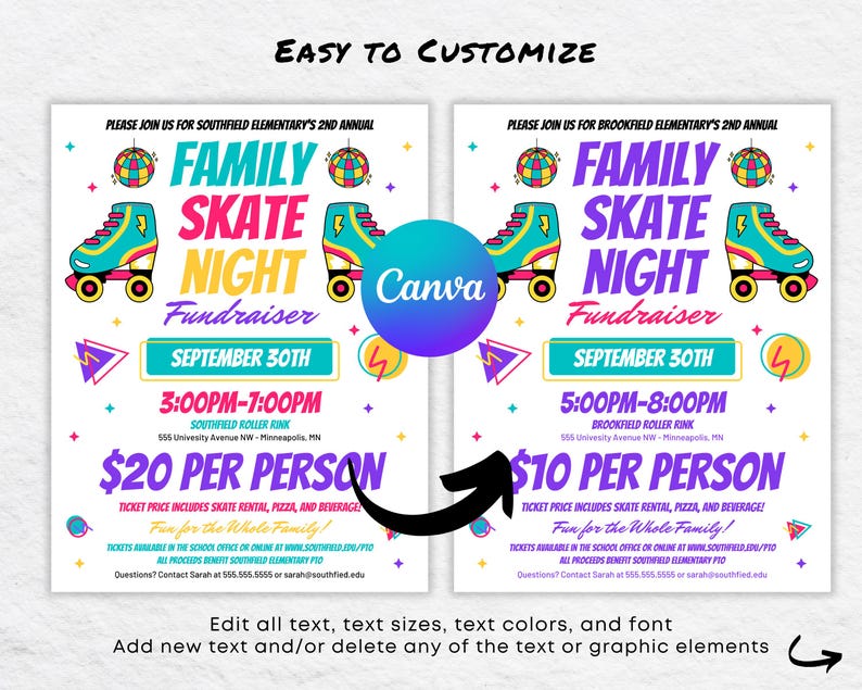 Editable Family Skate Night Flyer Template: Roller Skating Fundraiser ...