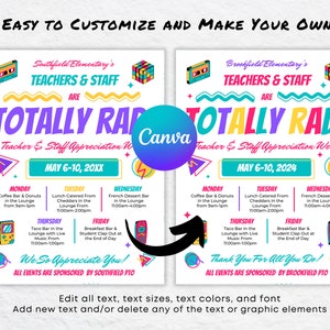 Editable 90s Theme Teacher Appreciation Flyer: Retro Itinerary Template ...