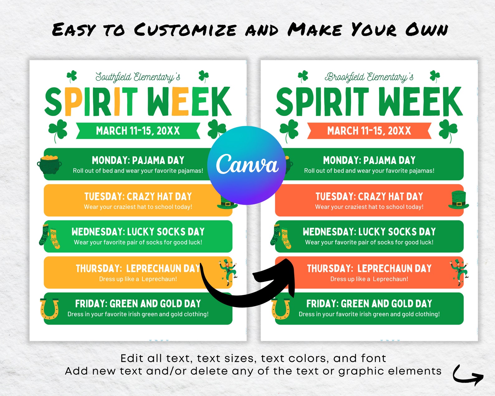 Editable St Patricks Spirit Week Flyer Canva Template, School Spirit ...