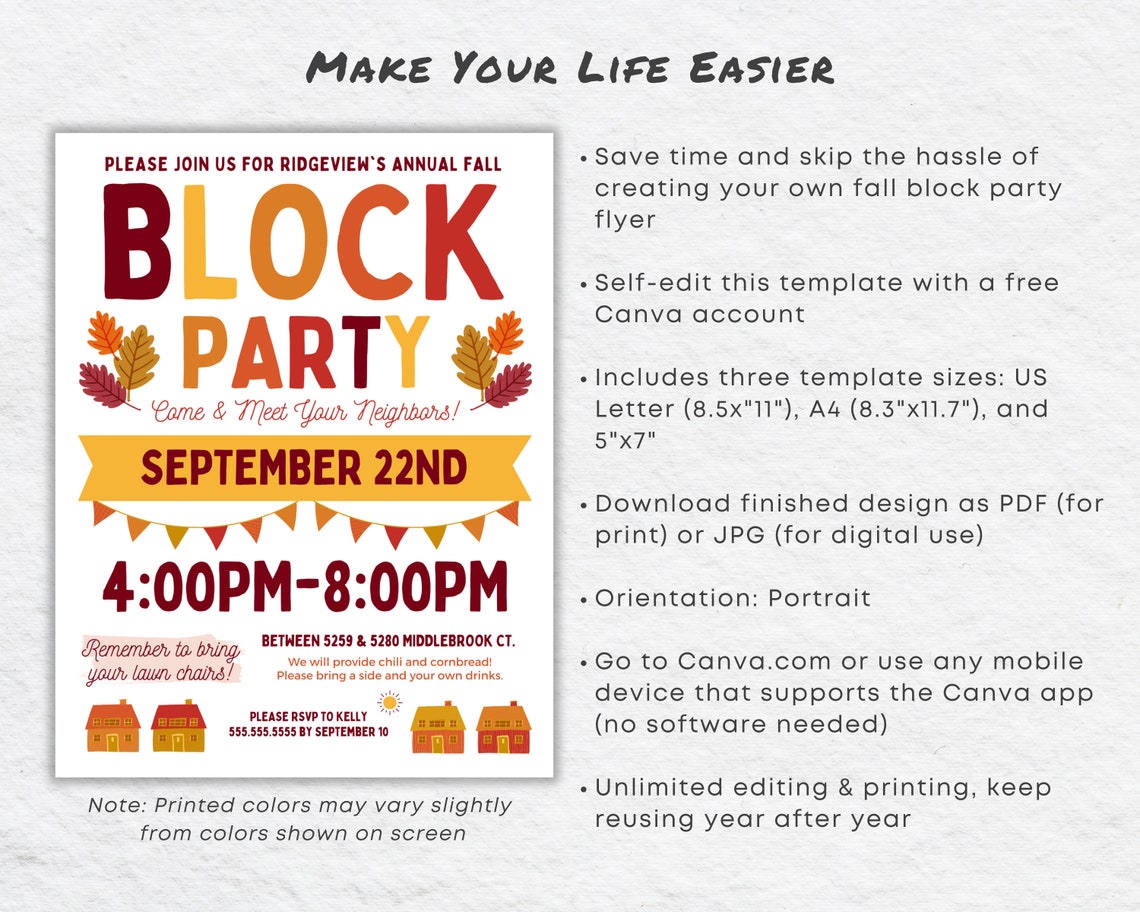 Fall Block Party Flyer Editable Template for Autumn Neighborhood Party ...