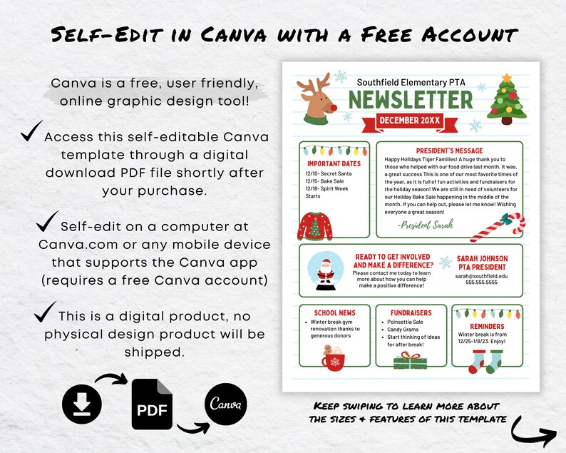Editable PTA Newsletter December Template, Holiday News, Canva Template ...
