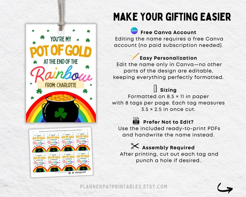 St Patrick’s Pot of Gold Gift Tag | Editable Rainbow Treat Label ...
