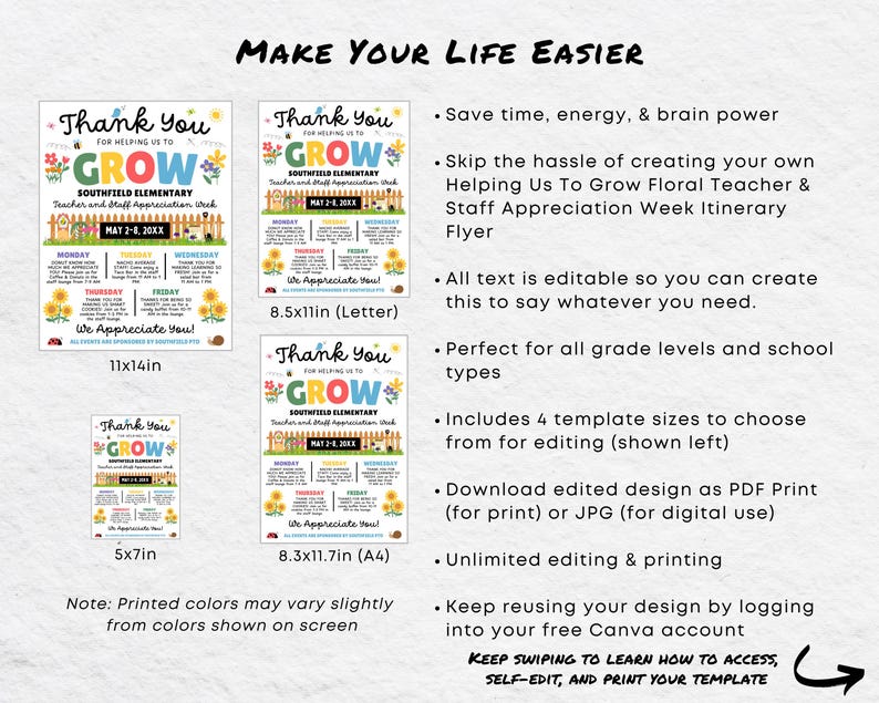 Floral Theme Teacher Appreciation Week Itinerary Flyer (canva Template ...