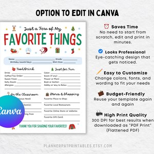 Christmas Teacher Favorite Things List: Editable Gift Questionnaire ...