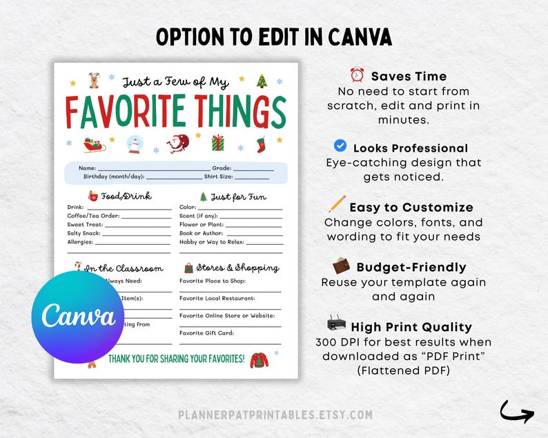 Christmas Teacher Favorite Things List: Editable Gift Questionnaire ...