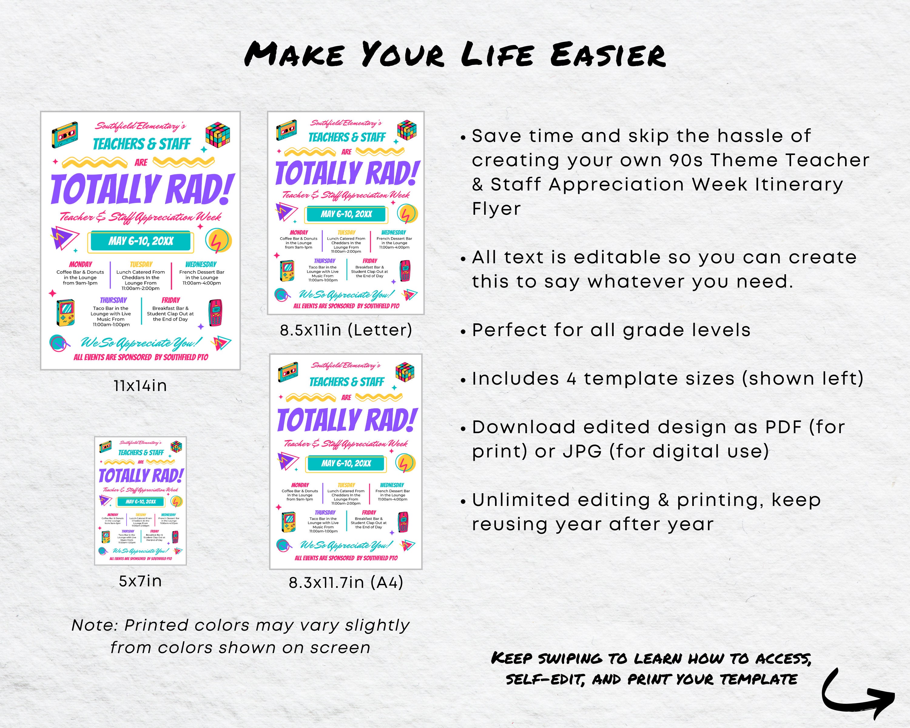 Editable 90s Theme Teacher Appreciation Flyer: Retro Itinerary Template ...