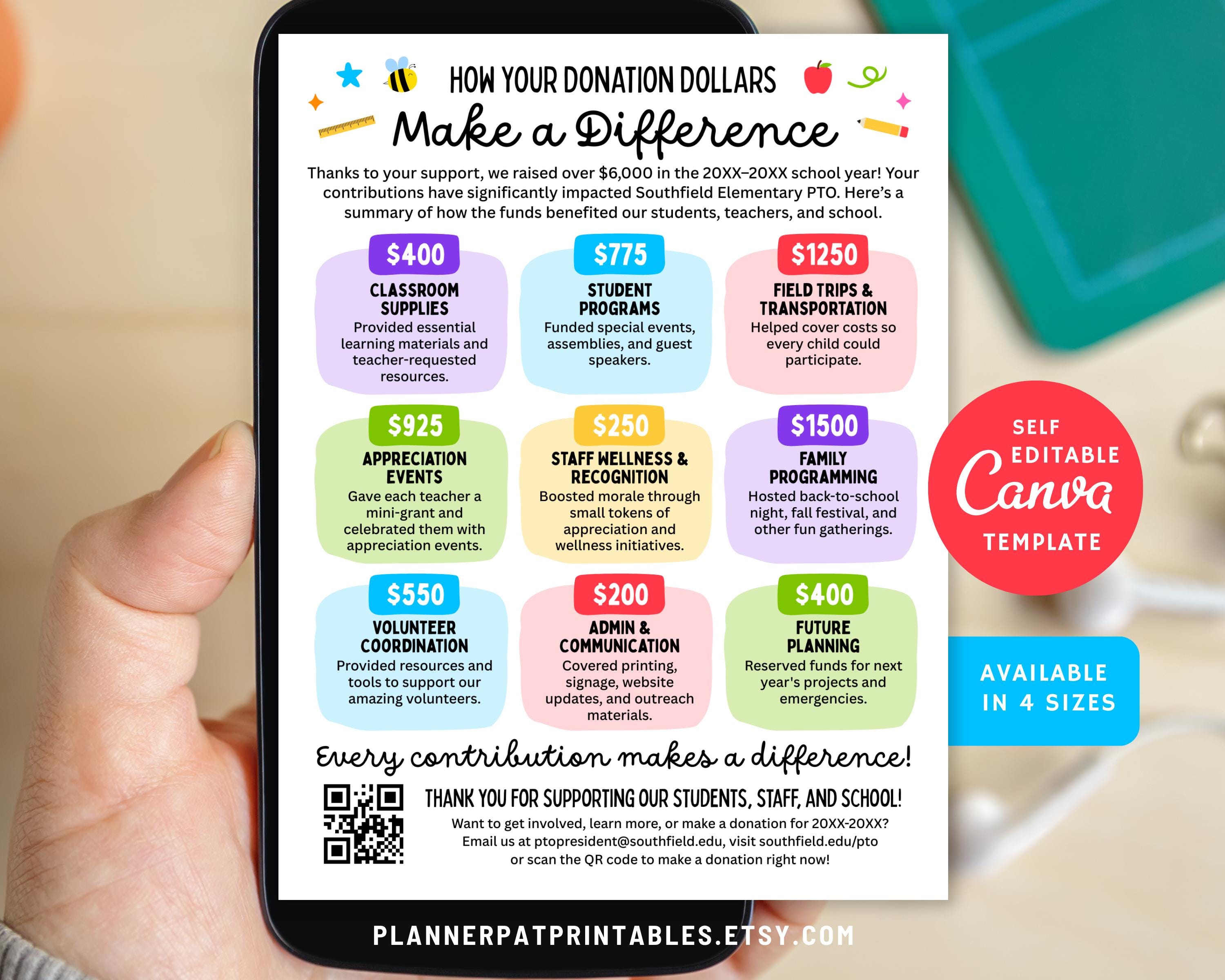 Editable PTA PTO Donation Tracker | School Printable (canva, Digital ...
