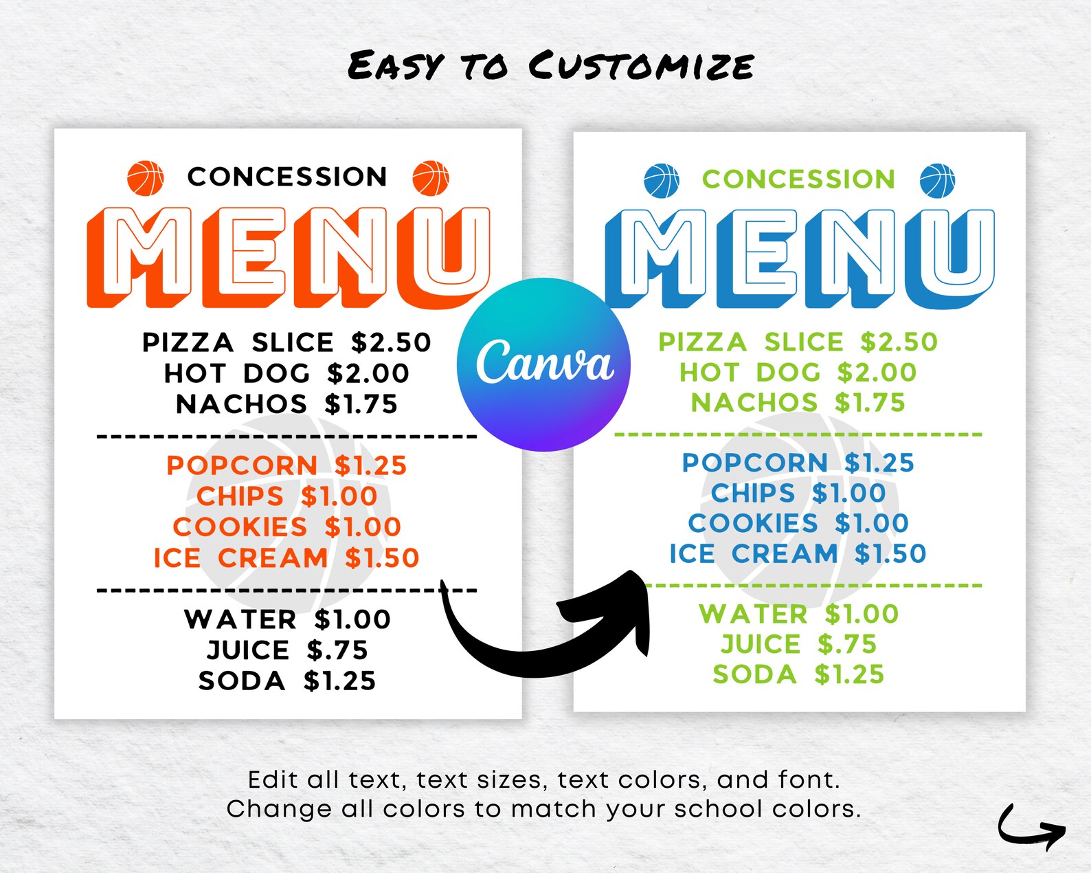 Basketball Concession Menu Editable Template, Printable Sign (canva Template) - Etsy