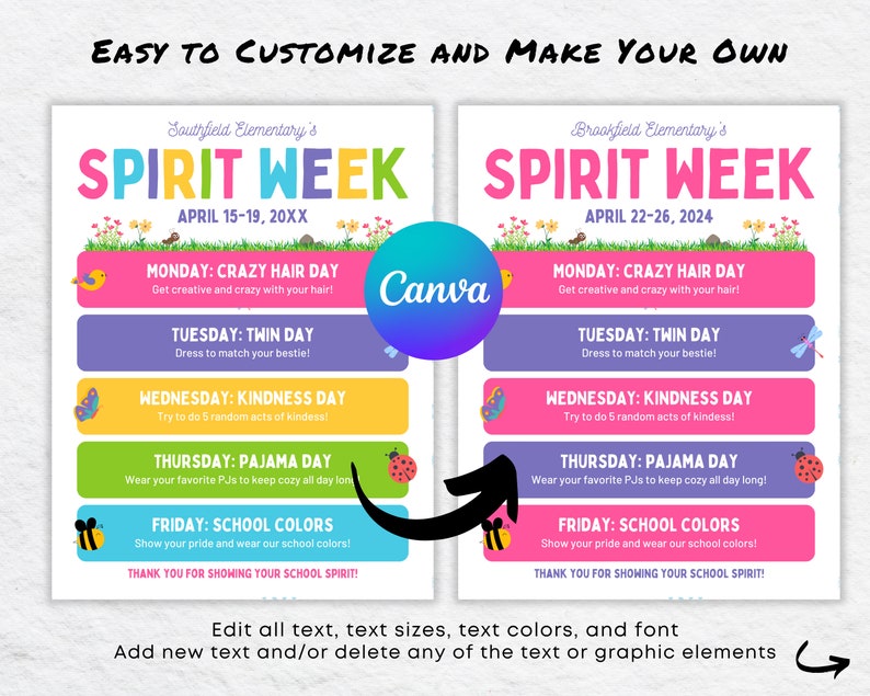 Editable Spring Spirit Week Flyer Canva Template, School Spirit ...