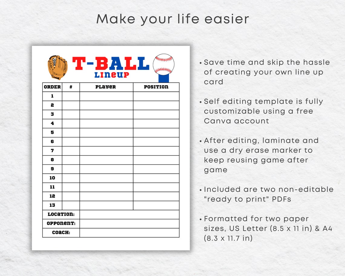 Editable T-ball Line up Sheet Canva Template, Blank Batting Order ...