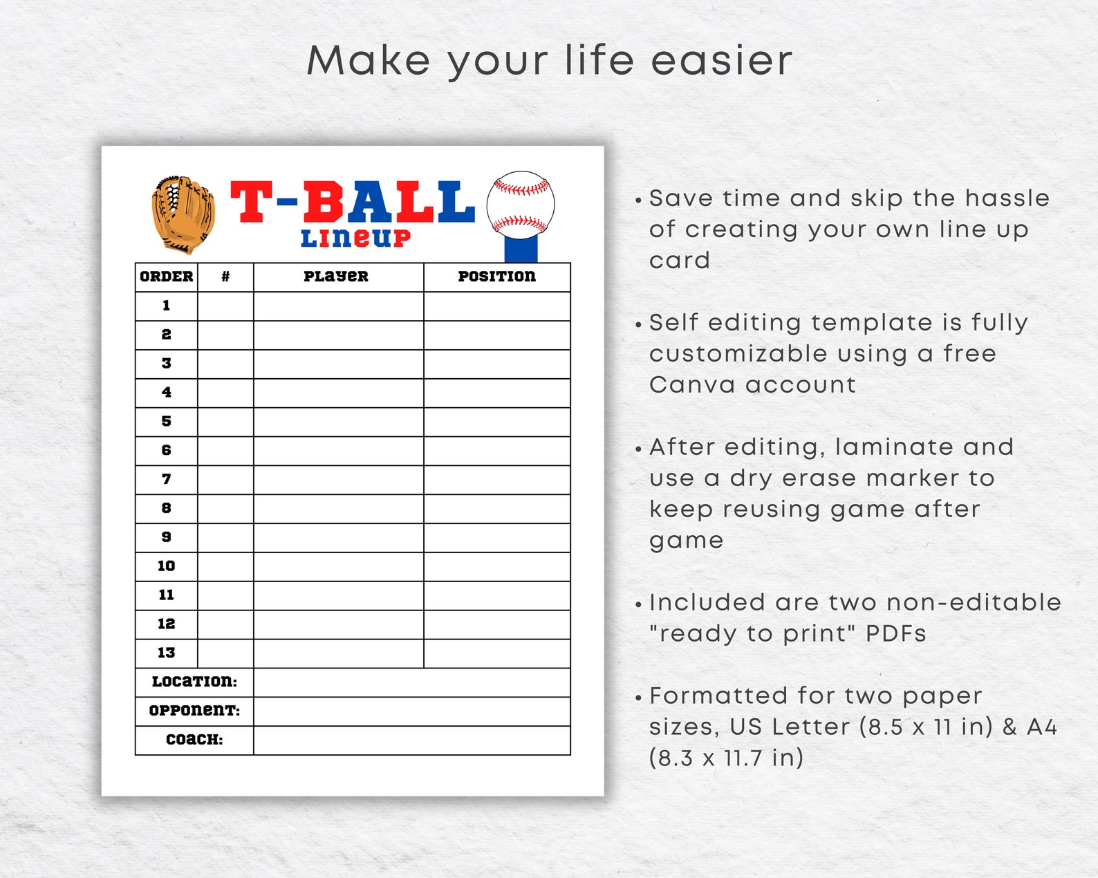 Editable T-ball Line up Sheet Canva Template, Blank Batting Order ...