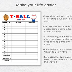 Editable T-ball Line up Sheet Canva Template, Blank Batting Order ...