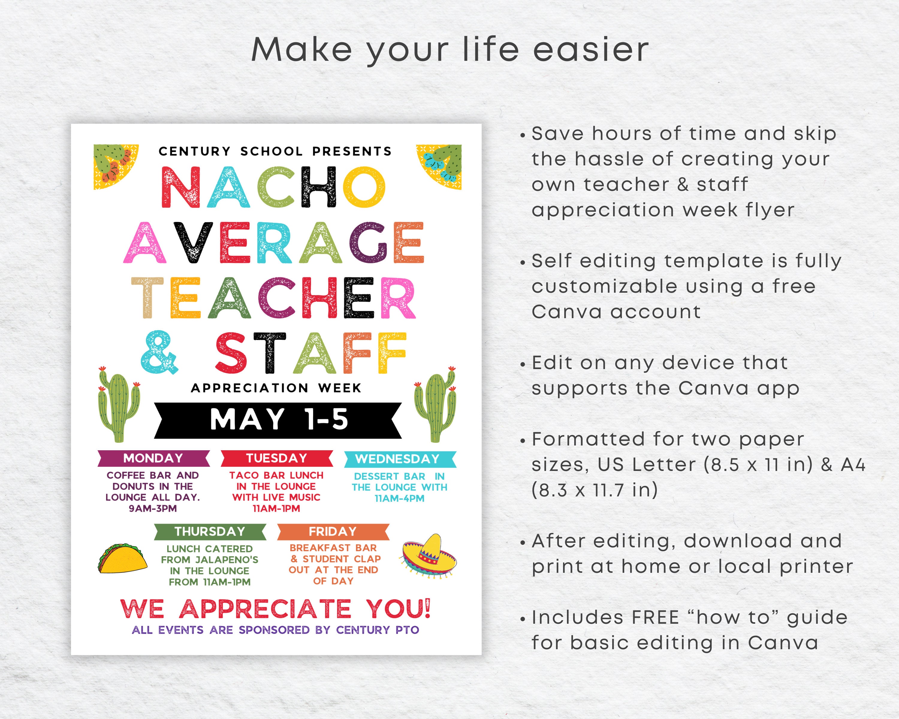 Nacho Average Teacher Appreciation Flyer: Editable Canva Template ...