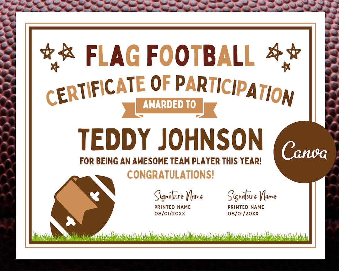 Editable Flag Football Certificate, Participation Award Canva Template ...