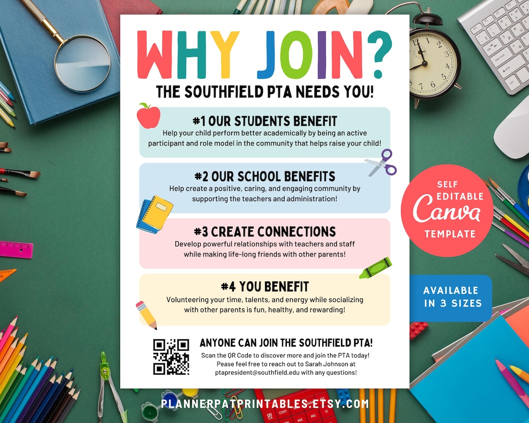 Editable PTA PTO Flyer Template: Why Join Volunteer Recruitment Poster ...