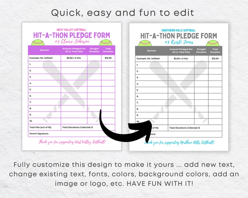 Editable Softball Hit-a-thon Fundraiser Form Pledge Sheet Canva ...