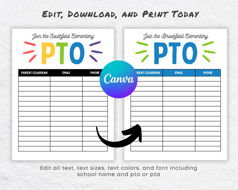 PTO Sign up Sheet Editable Canva Template, Edit for PTA - Etsy