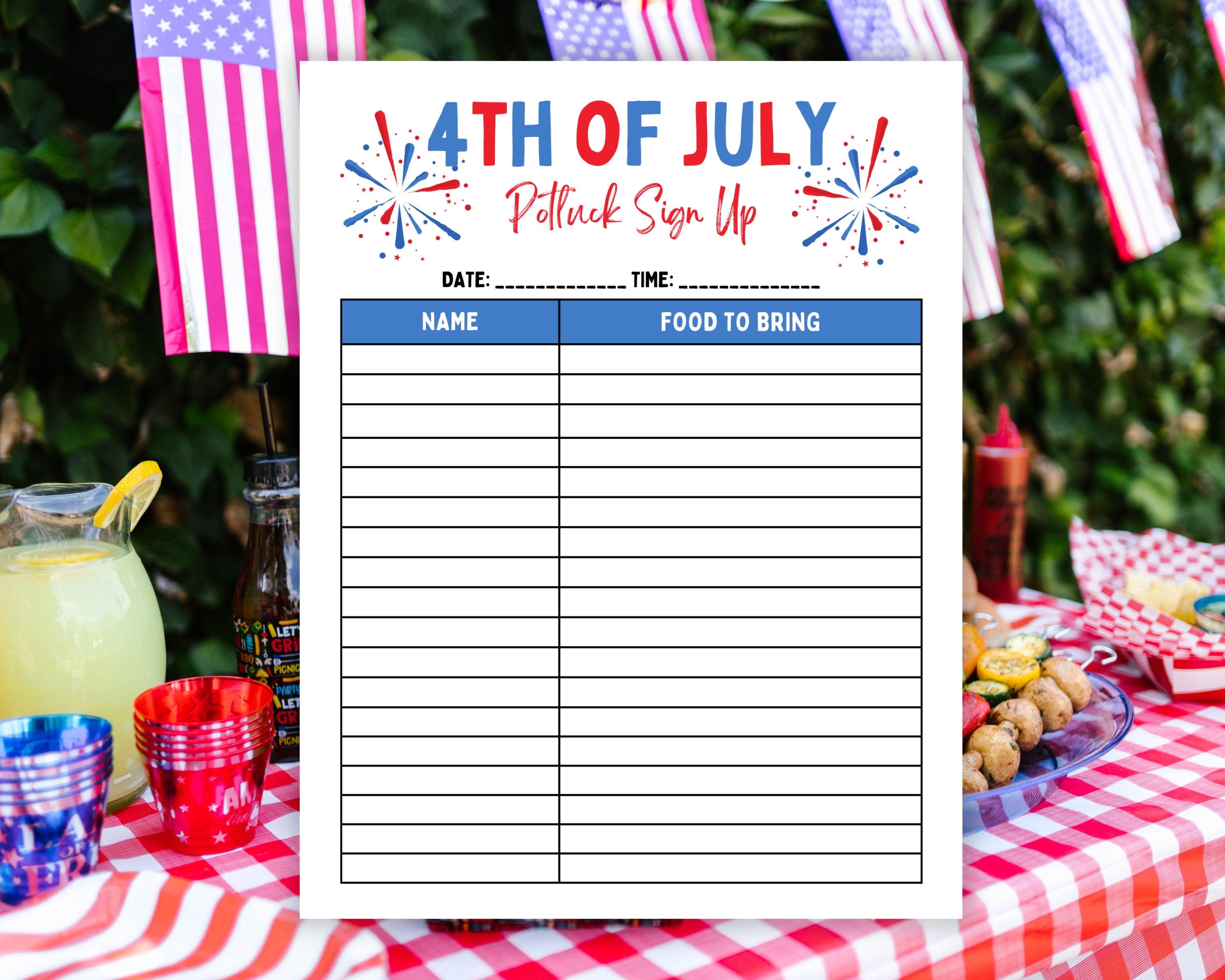 4th of July Potluck Sign up Sheet Independence Day Template Printable ...
